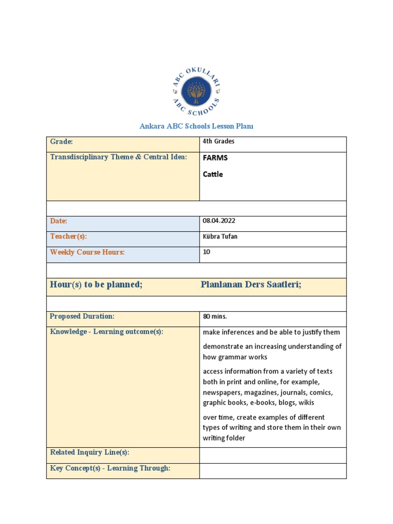 Cattle Lesson Plan | PDF | Learning | Teachers