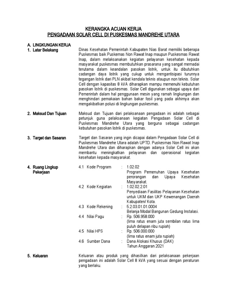 KAK - Pengadaan Solar Cell Di Puskesmas Mandrehe Utara | PDF
