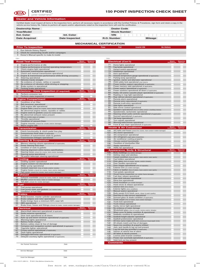 Kia CPO PT Inspection Checklist | PDF | Air Conditioning | Private ...