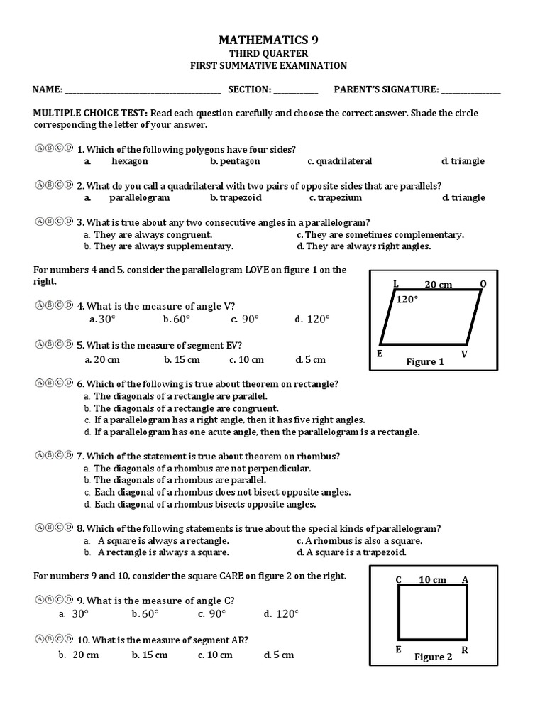 Math9 Q3 Summative-Test | PDF | Rectangle | Geometric Shapes