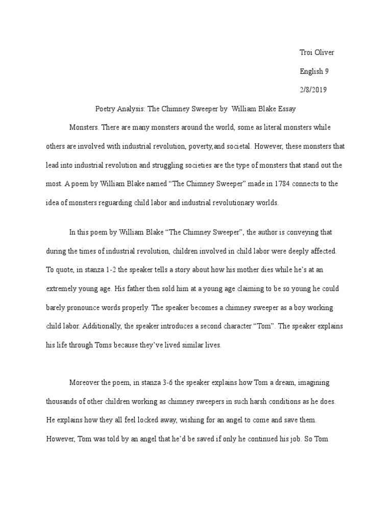 Poetry Analysis The Chimney Sweeper by William Blake Essay | PDF ...