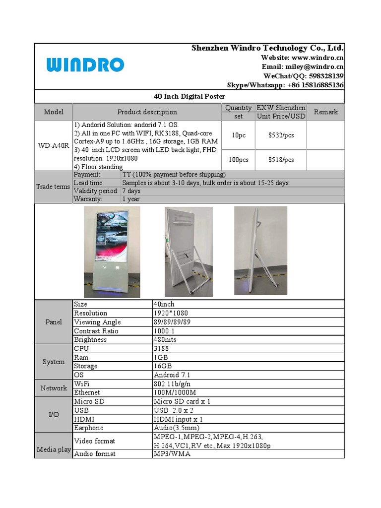 Specification For 40 Inch Stand Digital Poster - Windro. | PDF ...
