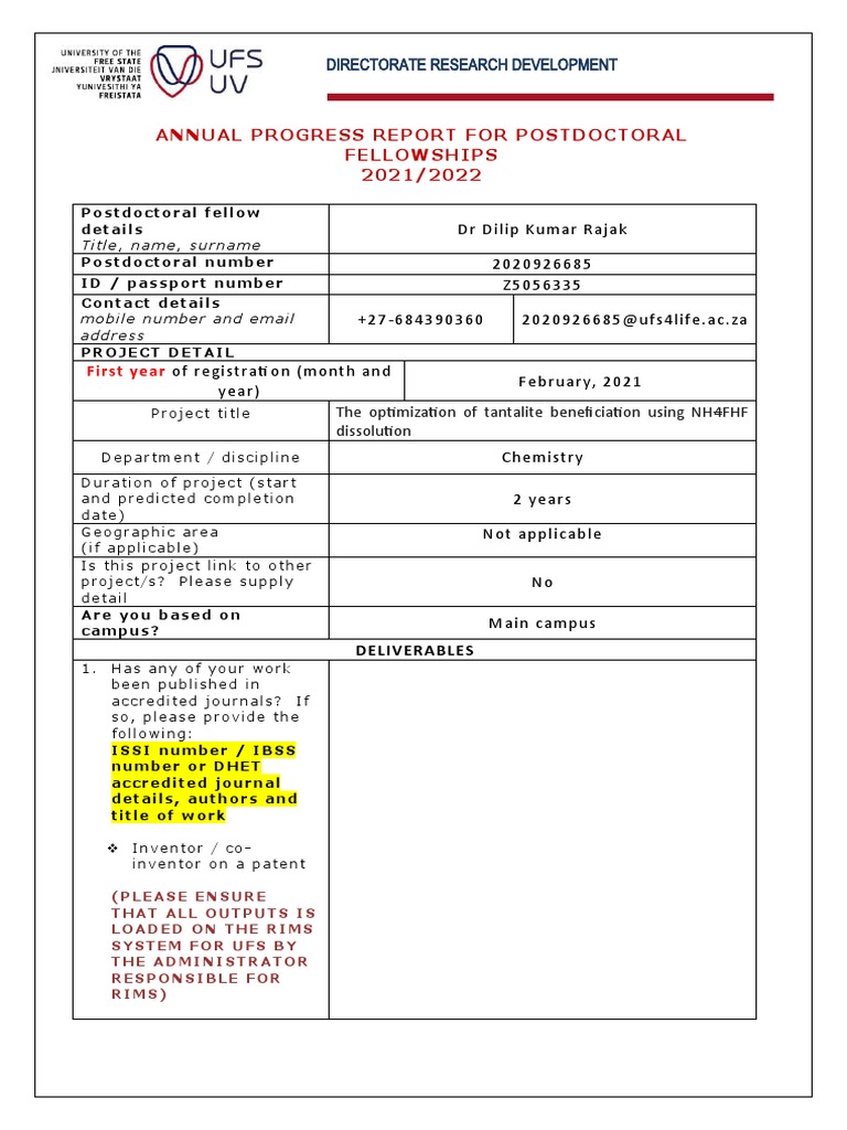 Annual Progress Report For Postdoctoral Fellowships 2021/2022 | PDF