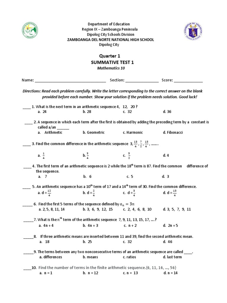 Quarter 1 Math 10 Summative Test 1 | PDF | Rubric (Academic) | Sequence