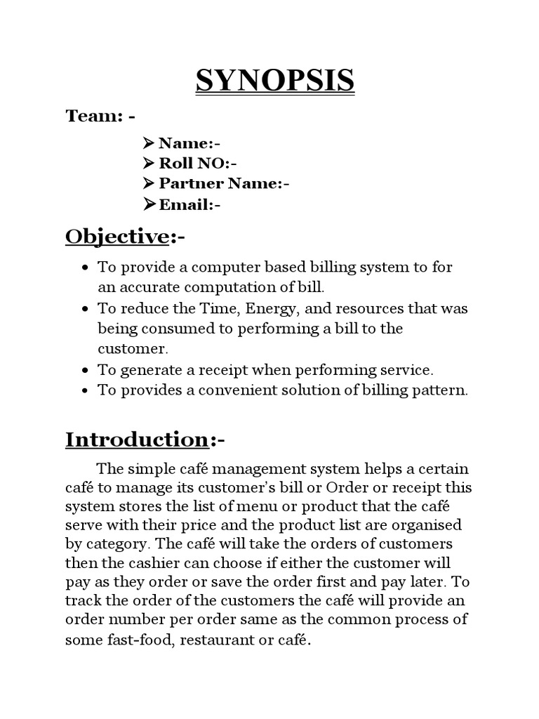 SYNOPSIS Cafe Management System | PDF | Databases | Microsoft Windows