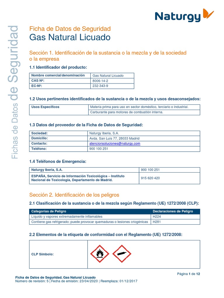 Ficha Datos de Seguridad Gas Natural Licuado | PDF | Gas natural | Metano