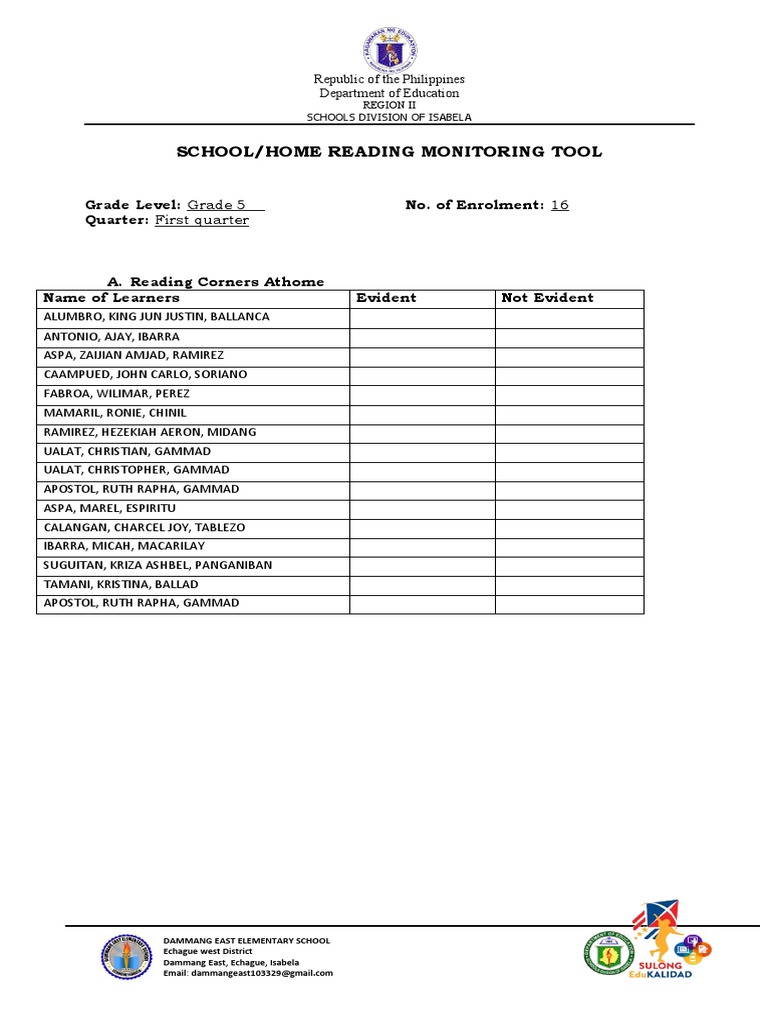 School/Home Reading Monitoring Tool: Grade Level: Grade 5 No. of ...