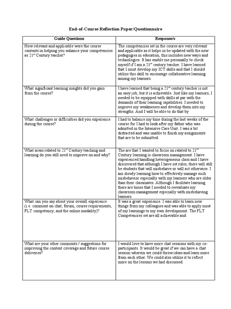 End-of-Course Reflection Paper/Questionnaire: Guide Questions Response ...
