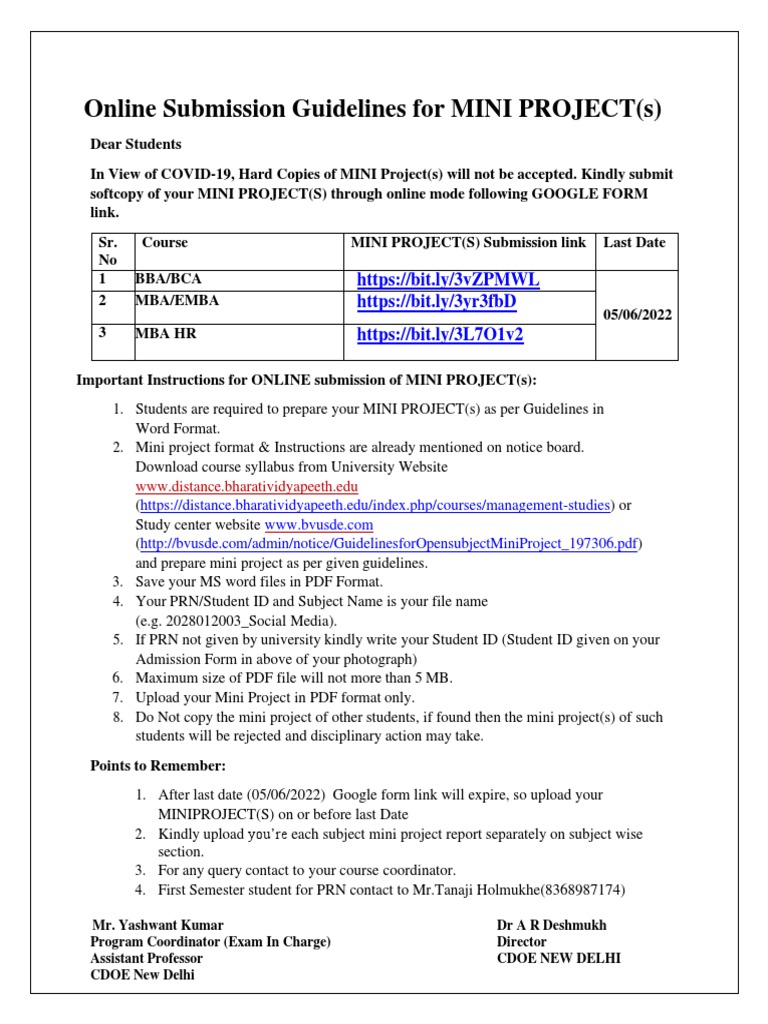 Online Submission Guidelines For MINI PROJECT(s) : WWW - Distance.bharatividyapeeth - Edu | PDF ...
