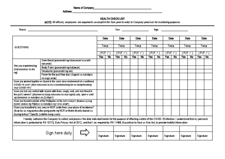03 Employee's Daily Health Checklist | PDF | Diseases And Disorders ...