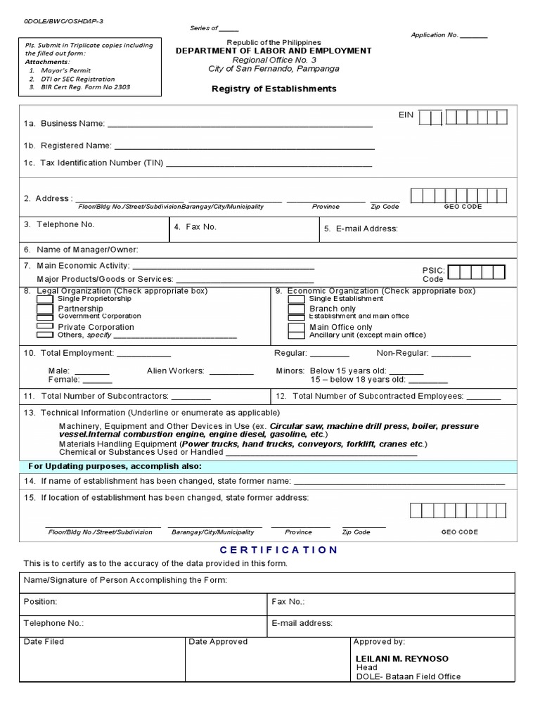 Rule 1020 Form (DOLE Registry of Establishment) | PDF