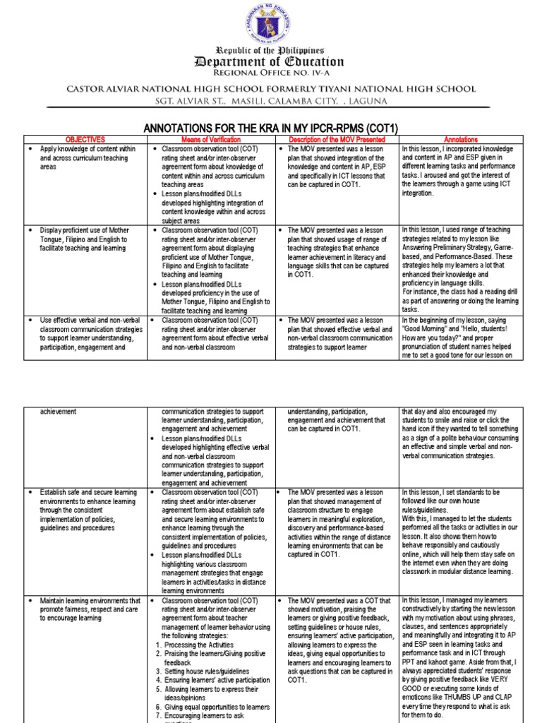 Annotations For The Kra in My Ipcr-Rpms (Cot1) | PDF | Learning ...