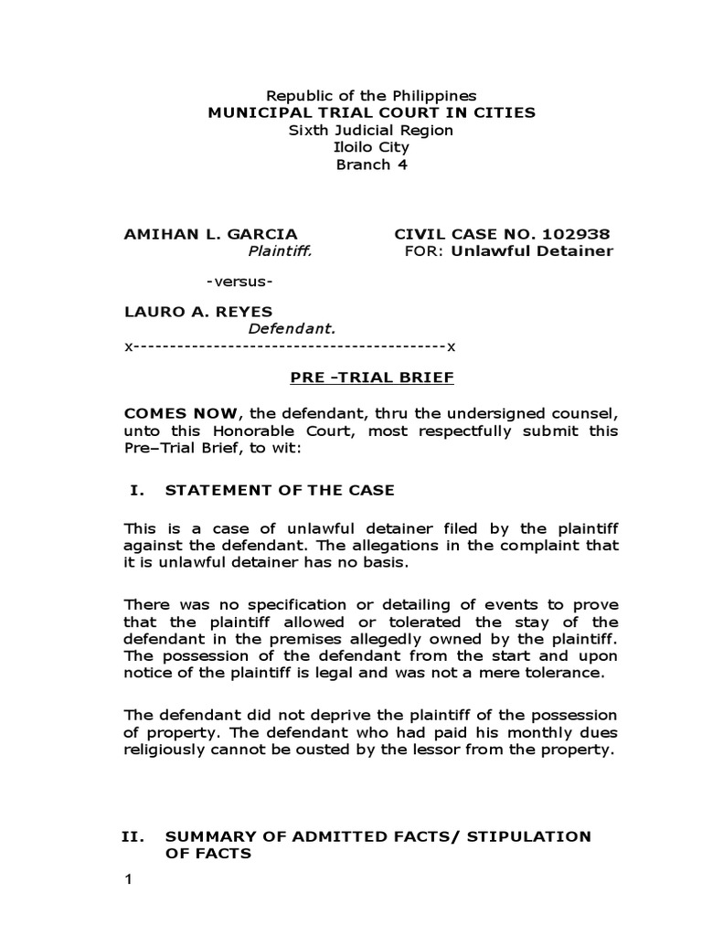 Pre-Trial Brief for Unlawful Detainer | PDF | Trials | Lawsuit