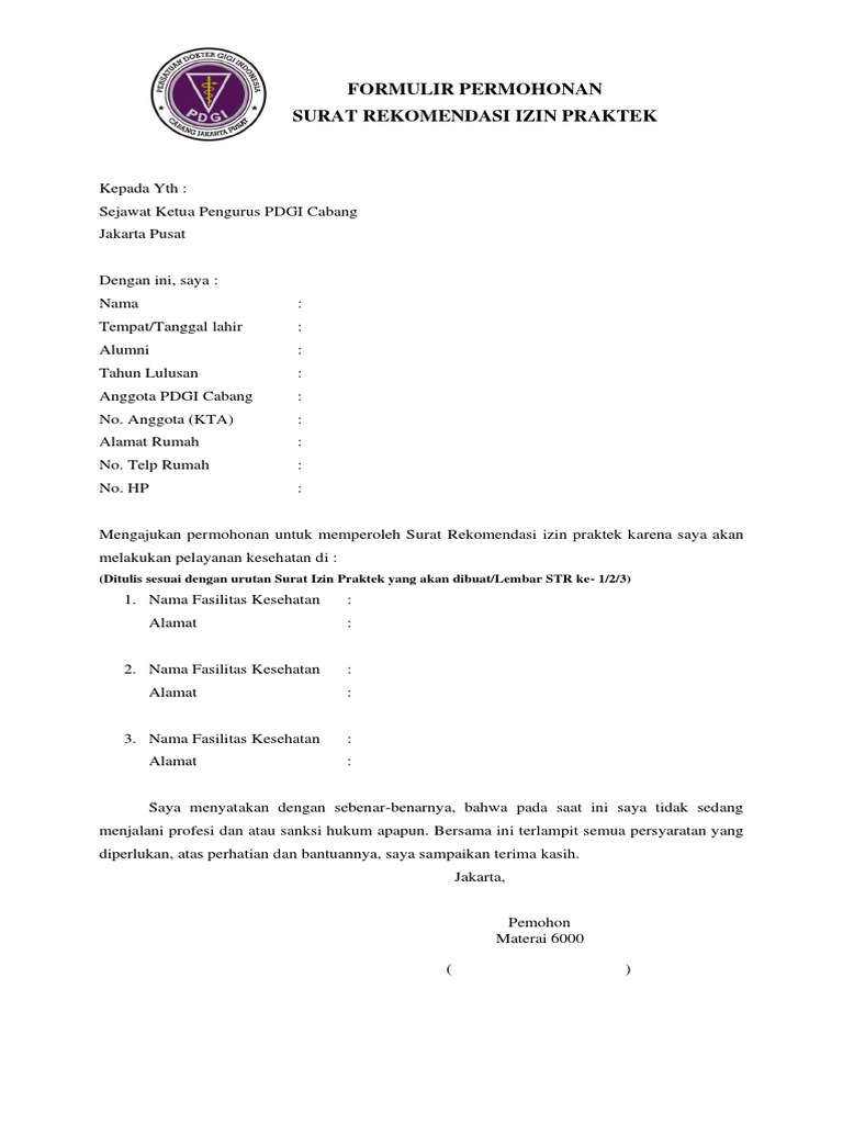 Formulir Permohonan Surat Rekomendasi Sip | PDF