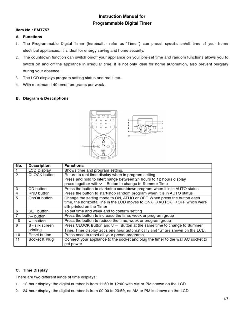 Instruction Manual For Programmable Digital Timer: Item No.: EMT757 A ...
