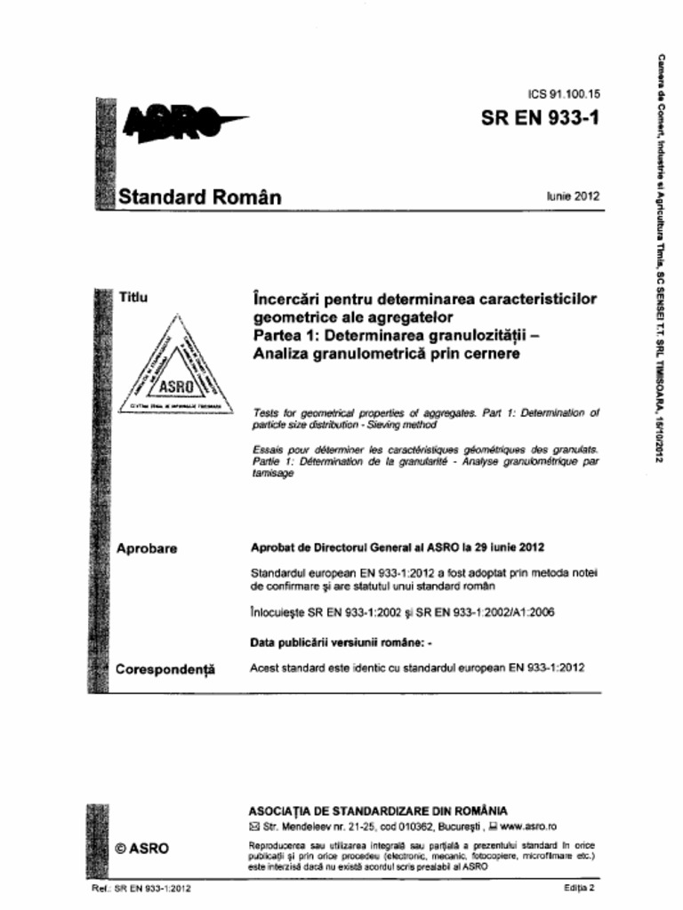 SR en 933-1-2012 Granulometrie AGREGATE - Engl | PDF