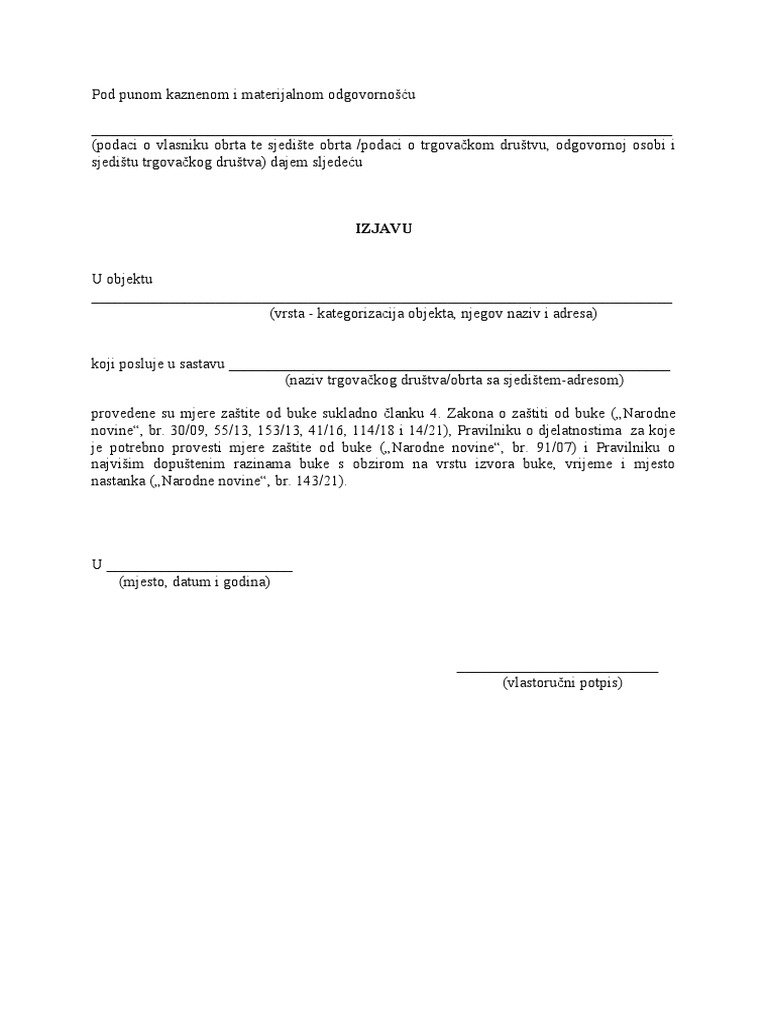 Obrazac Izjave Za Buku | PDF
