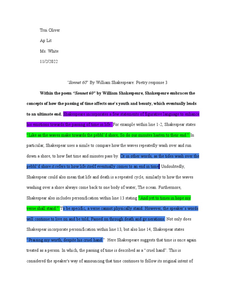 Sonnet 60 Poetry Response | PDF | Poetry | William Shakespeare