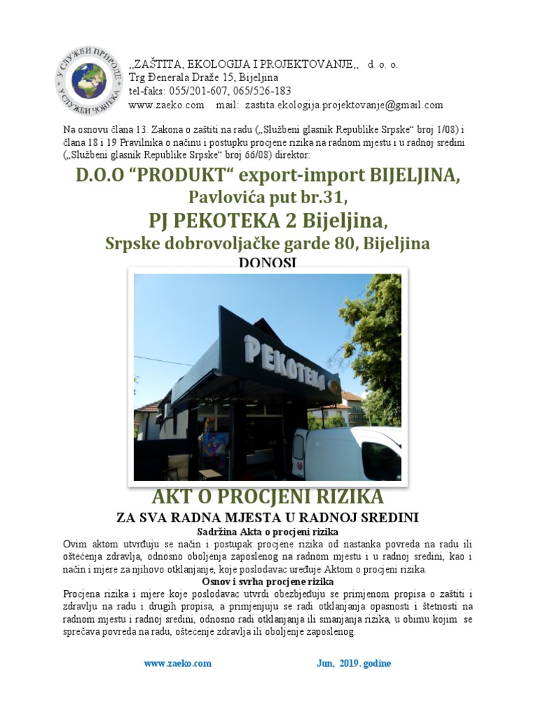 Naslovna Za Akt o Procjeni Rizika DOO Produkt, Bijeljina, PJ Pekoteka 2 ...