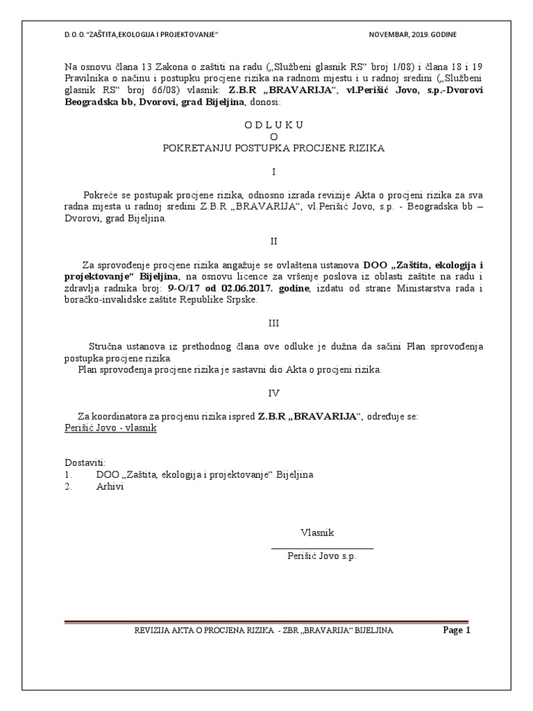 Revizija Akta Procjene Rizika Za ZBR Bravarija Novembar 2019. | PDF