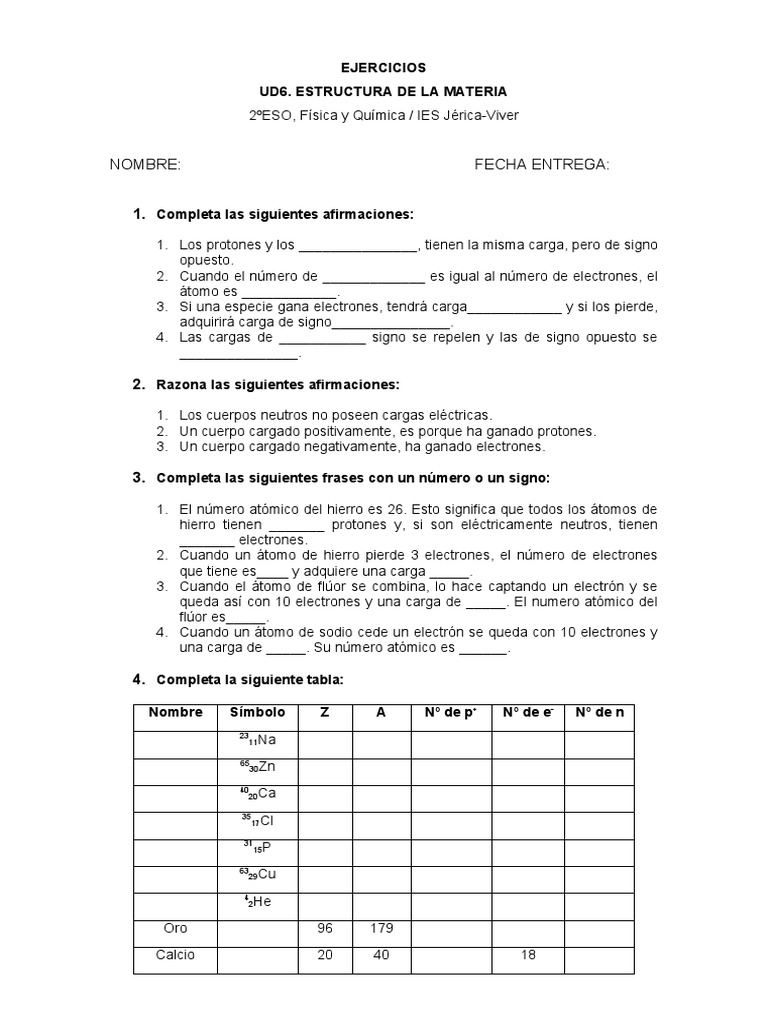 Ejercicios UD6 | PDF | Protón | Átomos