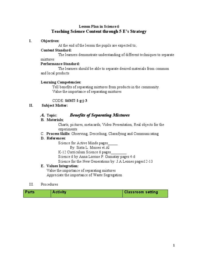 Lesson Plan Benefits of separating Mixtures | PDF | Lesson Plan | Learning