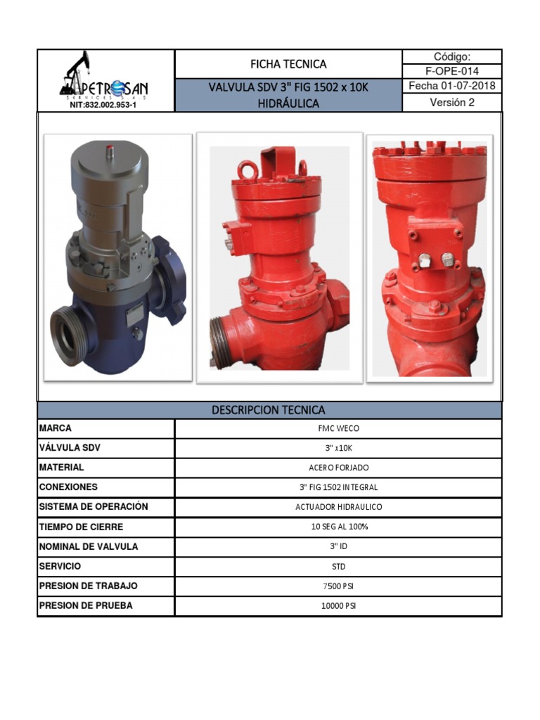 Válvula SDV 3" Fig 1502: Especificaciones | PDF | Tecnología