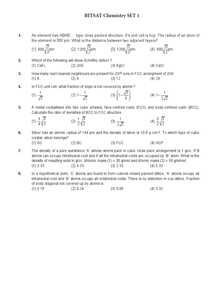 BITSAT Chemistry SET 1 | PDF | Chirality (Chemistry) | Crystal Structure