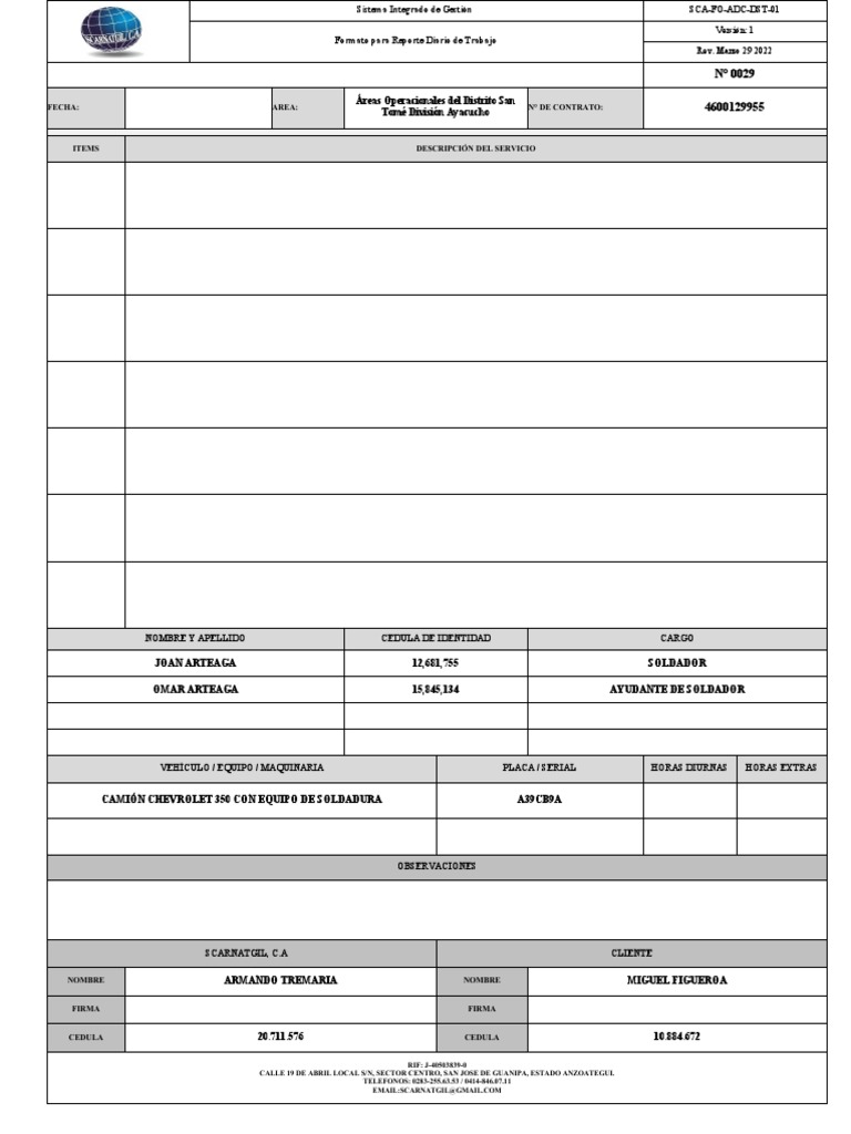 SCA-FO-ADC-DST-01 Formato para Reporte Diario de Trabajo | PDF | Costa Rica