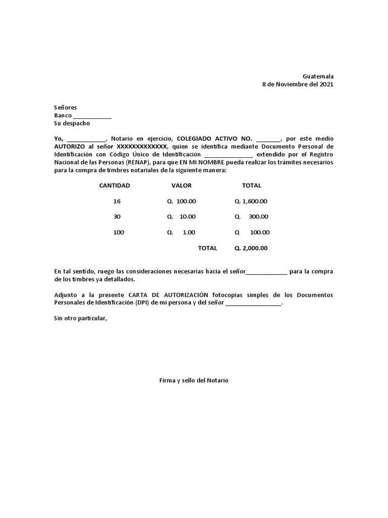 Modelo Autorizacion Compra de Timbres Notariales | PDF