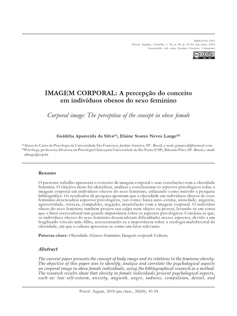 Imagem Corporal - A Percepção Do Conceito em Indivíduos Obesos Do Sexo ...