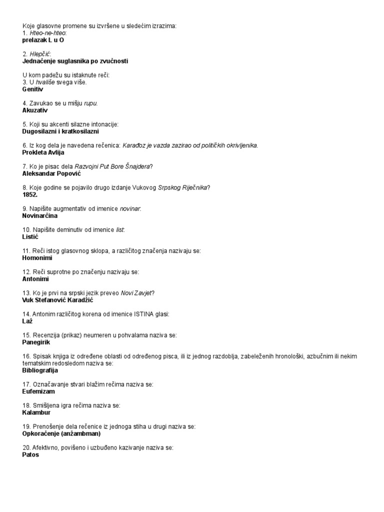 Srpski PITANJA 1 | PDF