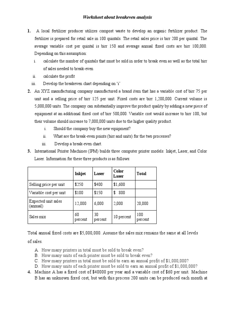 Worksheet About Breakeven Analysis | PDF | Production And Manufacturing ...