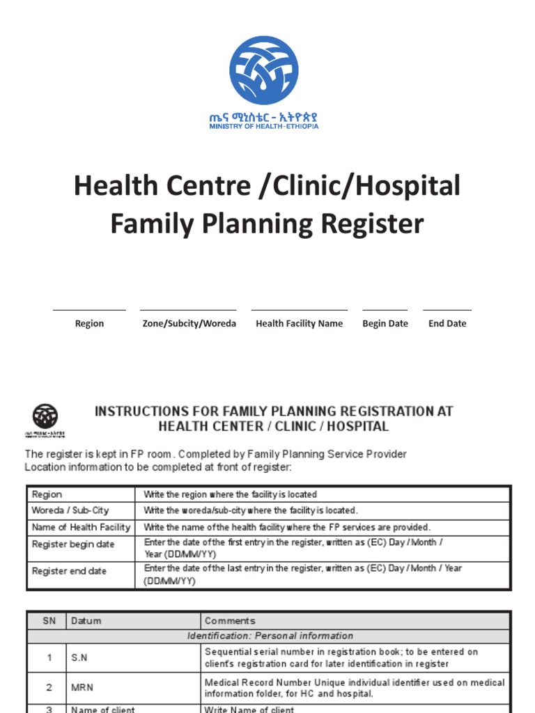 Health Centre /Clinic/Hospital Family Planning Register | PDF | Birth ...