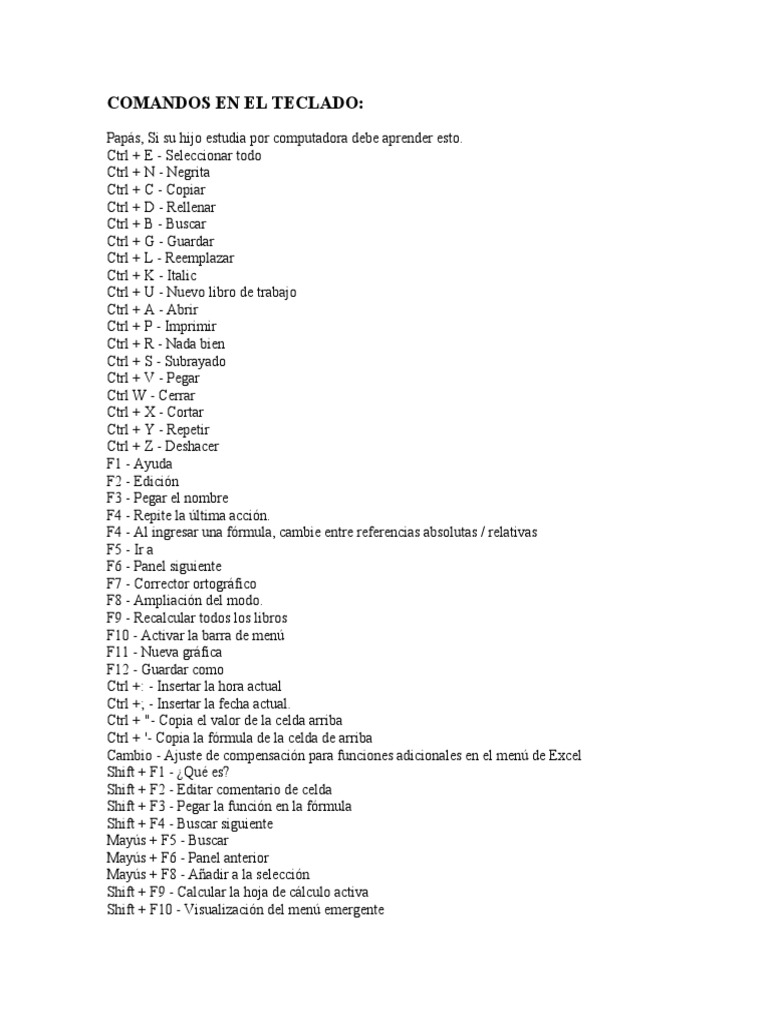 Guía rápida de comandos de teclado en Excel | PDF | Ventana ...