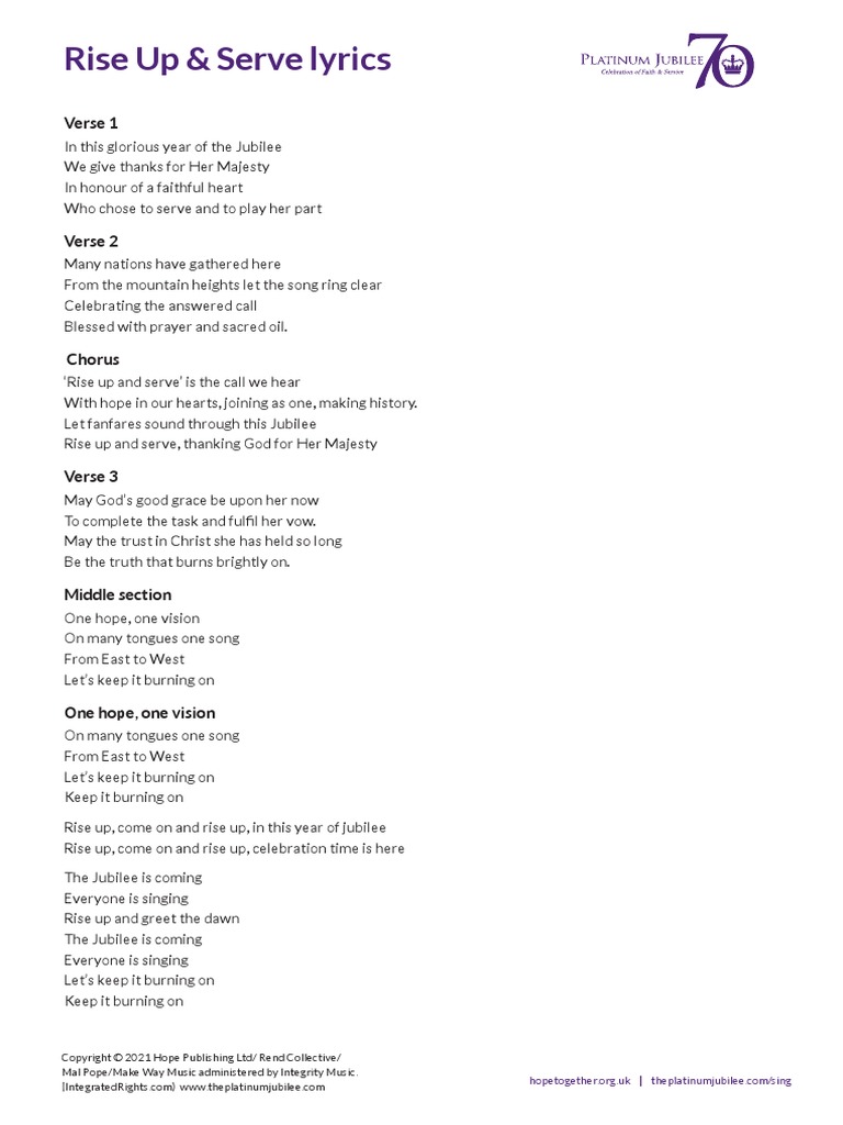 Rise Up and Sing Lyrics Platinum Jubilee | PDF