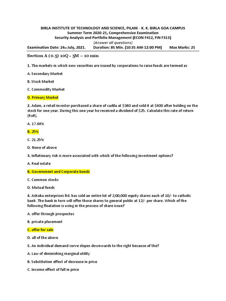 Sapm Compre Partb QP | PDF | Bonds (Finance) | Capital Asset Pricing Model