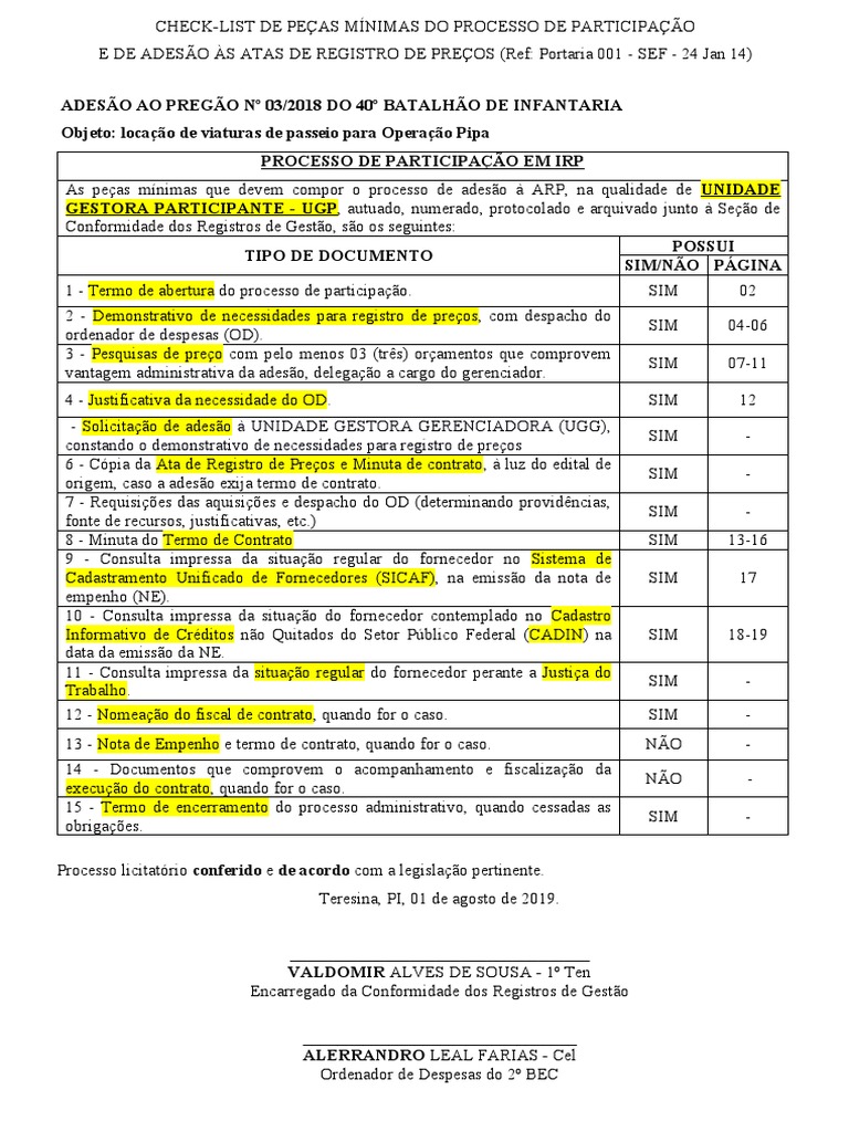 Check List - Processos de Adesao Participacao | PDF