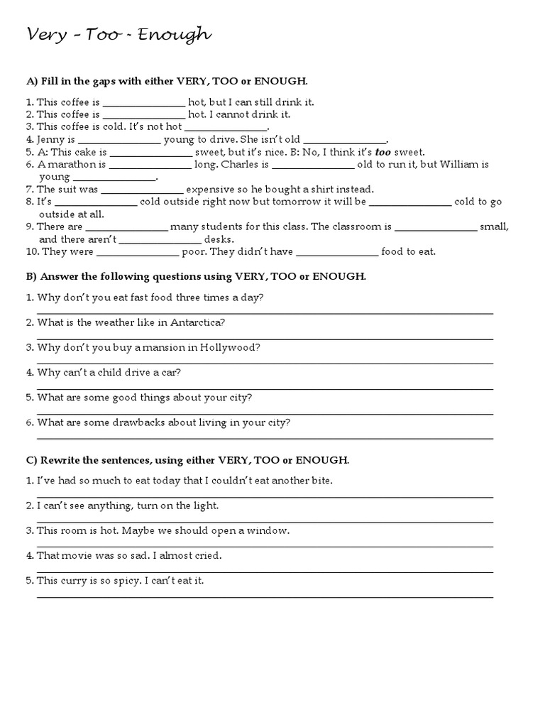 Too and Very - Worksheet 2 | PDF | Wellness