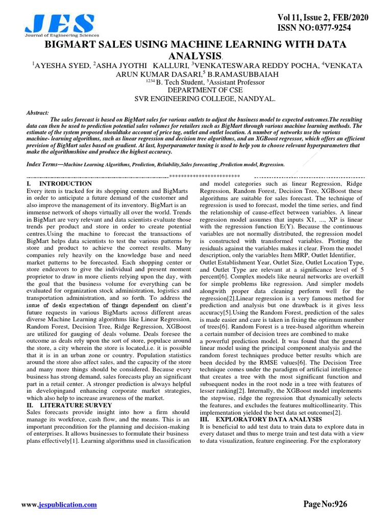 Sales Forecasting for BigMart Using Machine Learning Algorithms: An ...