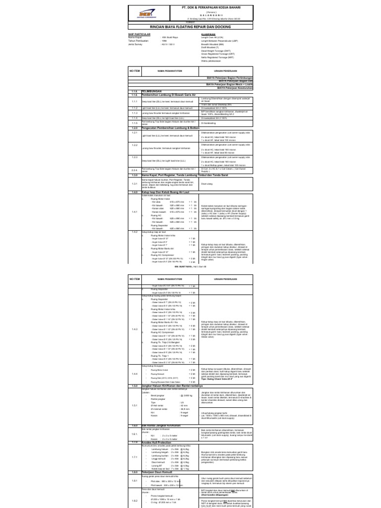 RINCIAN BIAYA FLOATING REPAIR DAN DOCKING KAPAL KM. BUKIT RAYA | PDF