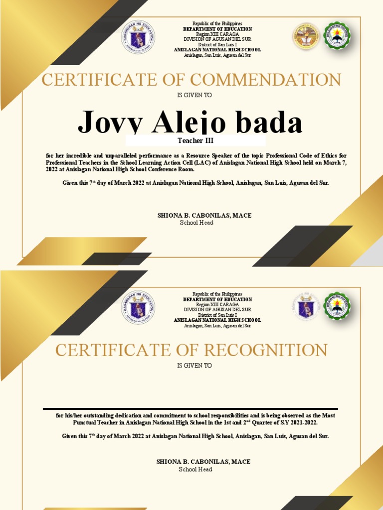 Certificate of Commendation: Jovy Alejo Bada | PDF | Social Institutions