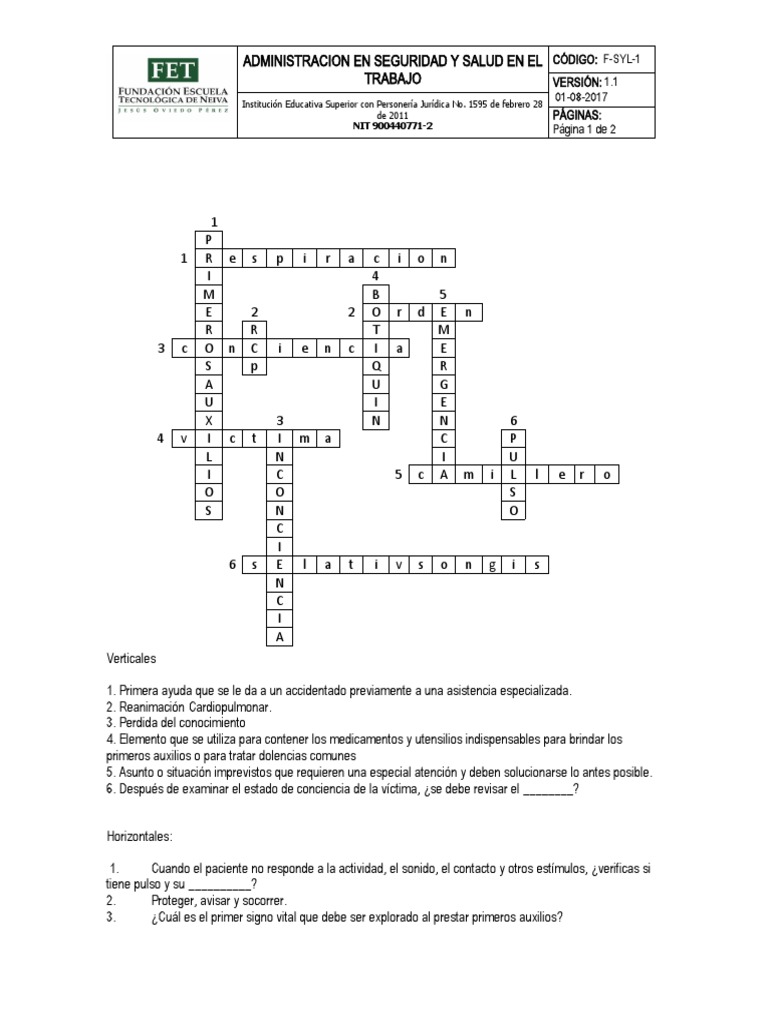Crucigrama Resuelto | PDF | Primeros auxilios | Cuidado de la salud