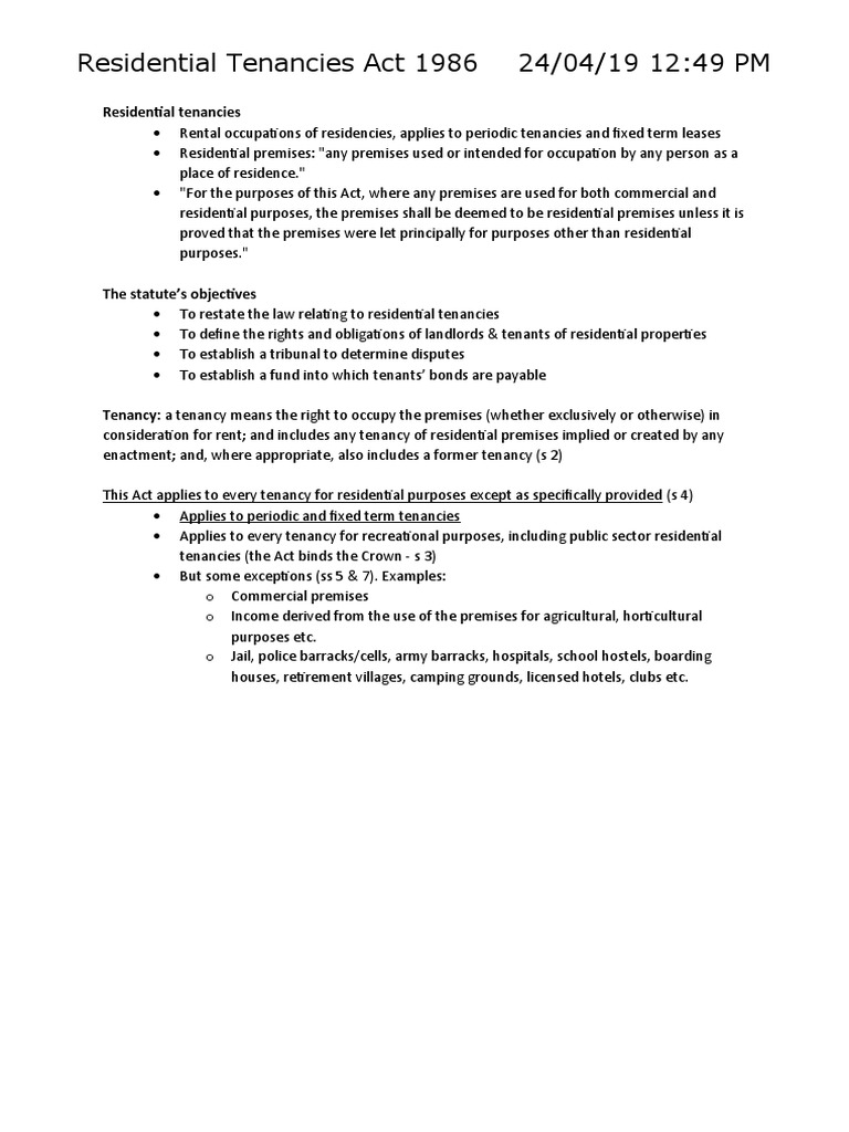 Overview of the Residential Tenancies Act | PDF | Leasehold Estate ...