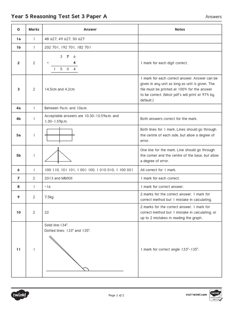 Year 5 Reasoning Test Set 3 Paper A: Q Marks Answer Notes 1a 1b 7 6 4 | PDF