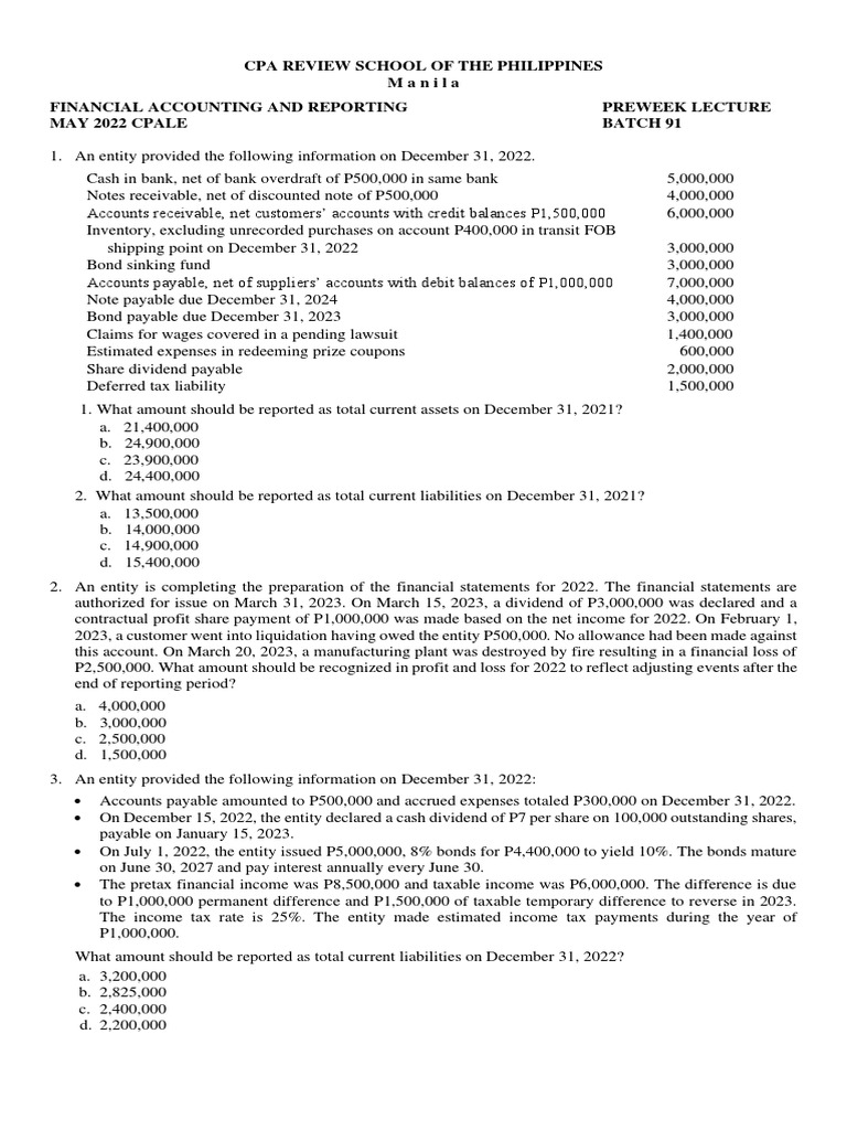 7017 - Preweek Lecture FAR Problems | PDF | Debits And Credits | Banks