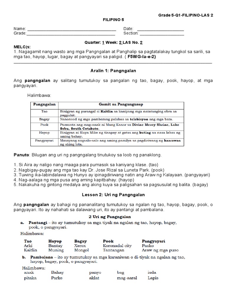 Grade 5 Q1 FILIPINO LAS Week 2 | PDF