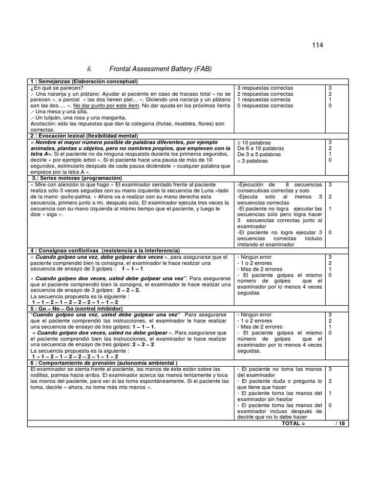 Evaluación neuropsicológica mediante la Batería de Evaluación Frontal (FAB) | PDF | Cognición ...