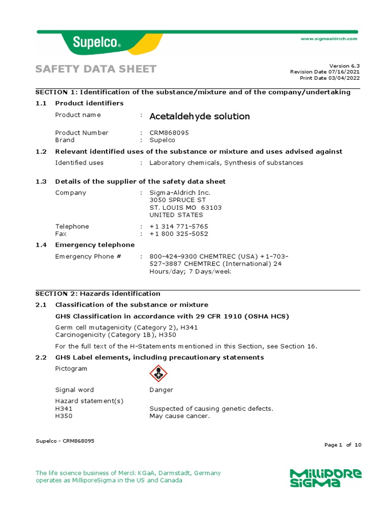Safety Data Sheet: Acetaldehyde Solution | PDF | Toxicity | Dangerous Goods
