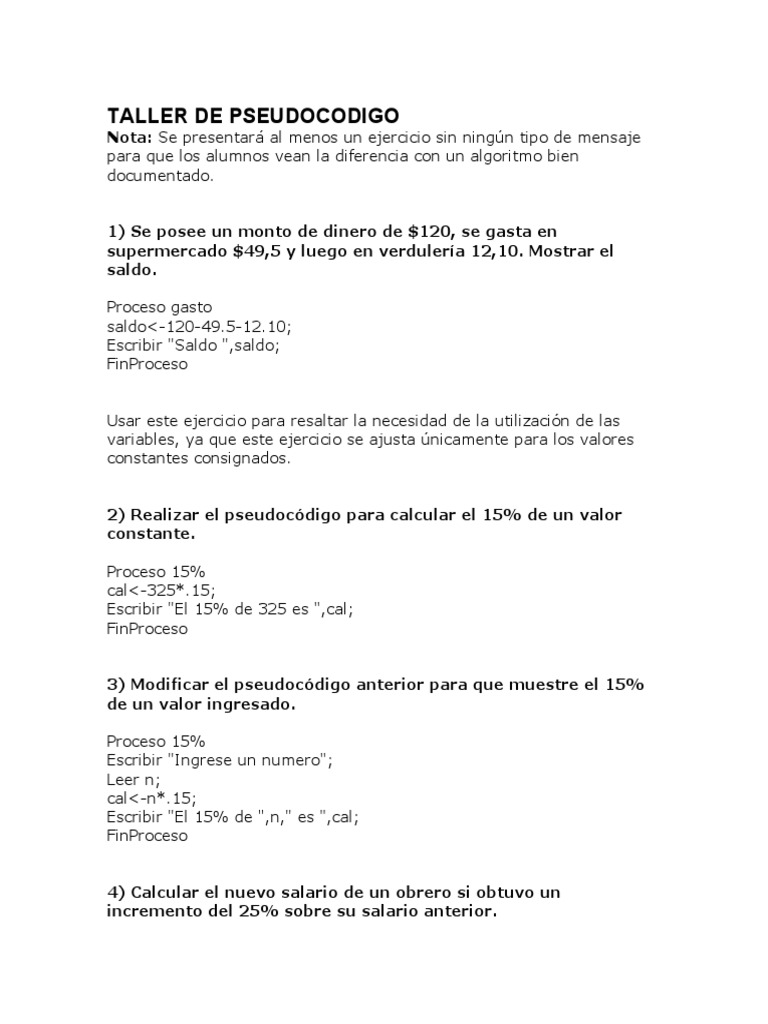 Taller de Pseudocodigo | PDF | Matemáticas Aplicadas